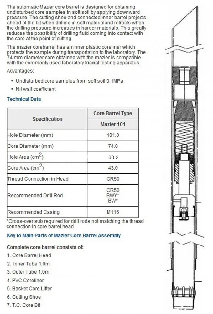 Mazier Core Barrel Sampler For Geotechnical Drill Soil Sample