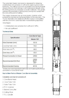Mazier Core Barrel Sampler For Geotechnical Drill Soil Sample